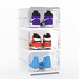 Relaxmm Shoe Boxes Clear Plastic Stackable, 3 Pack Installation-free Stackable Shoe Boxes Large Capacity Clear Plastic Foldable Shoe Organizer with Doors
