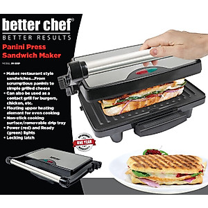 Better Chef Panini Press | Non-Stick | Drip Tray | Floating Hinge | Locking Latch | Status Lights | Fixed Temp