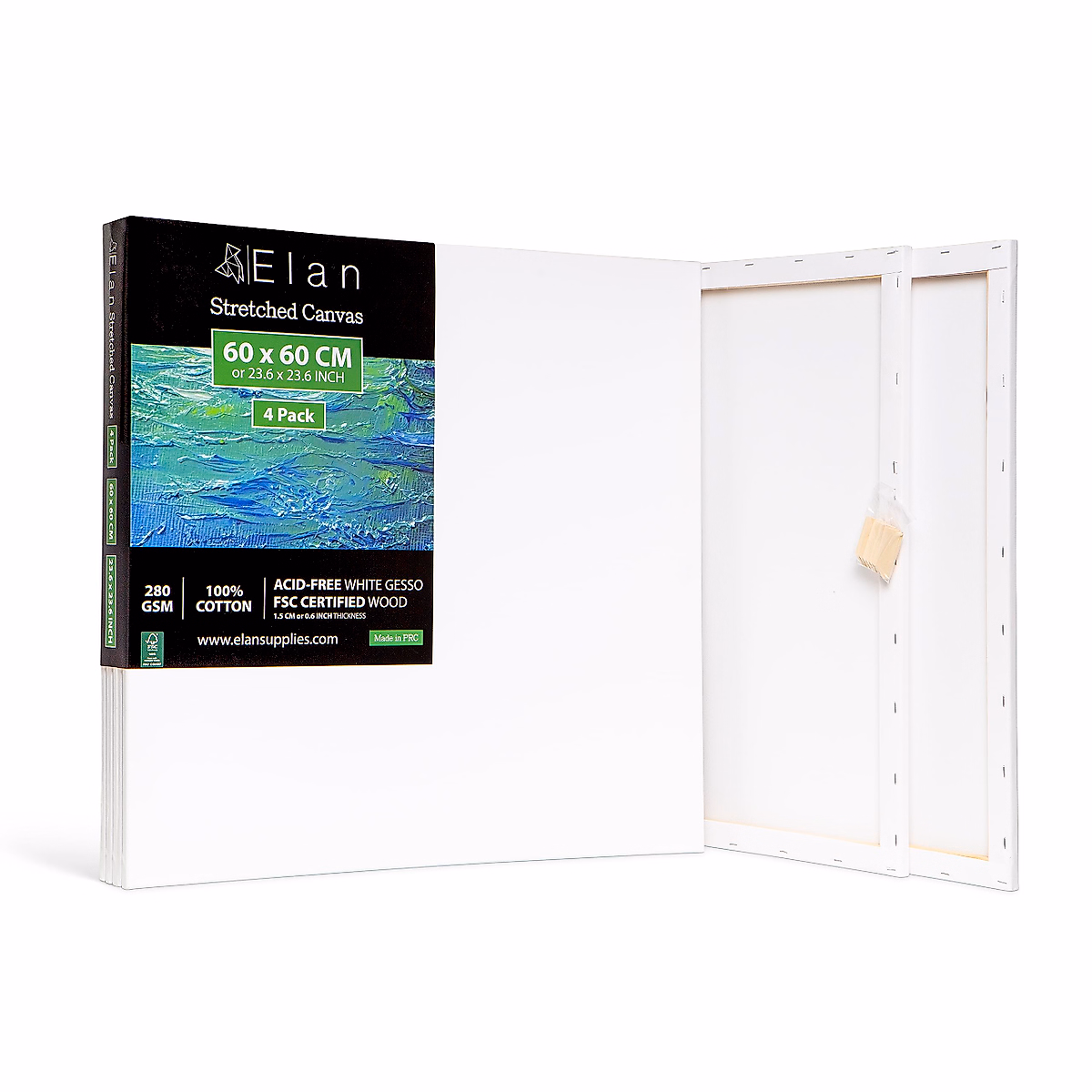 Elan Stretched Canvases 24x24, 4-Pack Canvases for Painting, Painting Canvas Bulk, Stretched Canvas for Adults Blank Canvas for Painting, Painting Canvases Paint Canvases for Painting Art Canvas