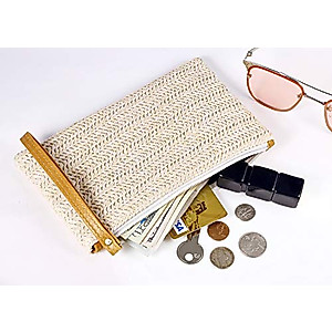 COOKOOKY Women's Straw Clutch Bag Bohemian Zipper Wristlet Womens Summer Beach Sea Purse Straw Wallets For Women (Beige- White)