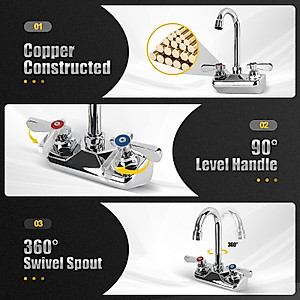 Upgraded 4 Inch Center Commercial Sink Faucet Wall Mount Kitchen Hand Sink Faucet, Ceramic Valve, Premium Brass, Chrome Finish, 3-1/2" Gooseneck Spout, Easy-Use Dual Lever