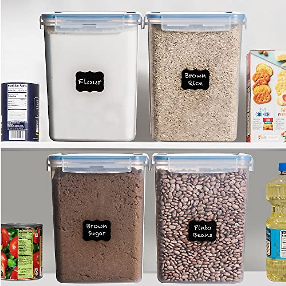 EXTRA LARGE WIDE & DEEP Food Storage Airtight Containers [Set of 4] 5.2L (175.9oz) w/ 4 Measuring Cups + Labels - Ideal for Sugar, Flour, Baking Supplies - Clear Plastic - Leakproof