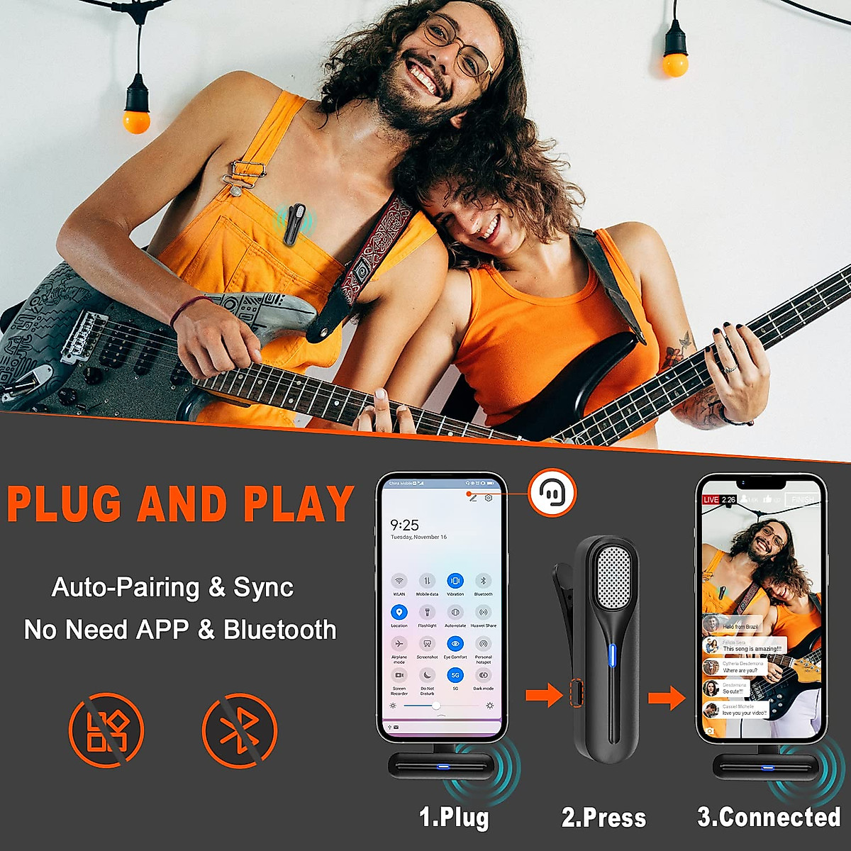 Wireless Lavalier Microphone for Android & PC,Plug&Play for YouTube,TikTok,Video Recording,Vloggers,Facebook Live Stream,Auto-Sync Noise Canceling Wireless Clip on Microphone(No Need App/Bluetooth)
