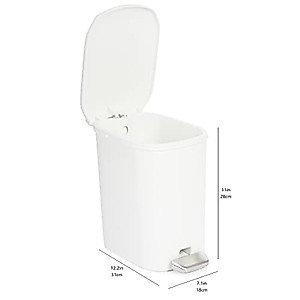 Amazon Basics Compact Bathroom Plastic Rectangular Trash Can with Steel Pedal Step, White, 6 Liters