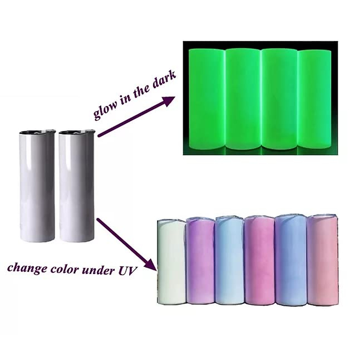 Gteller UV Change Color Sublimation Skinny Tumbler Glow In The Dark, Double Wall Stainless Steel Vacuum Insulated Slim Staight Travel Mug (Blue)