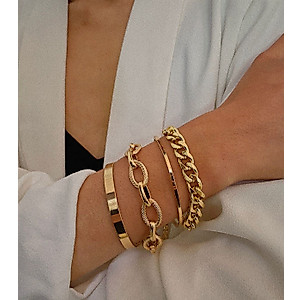 Kercisbeauty 4pcs Women Fashion Cuff Link Bracelet Set Punk Miami Cuban Link Chain Bracelet Party Jewelry (Gold)