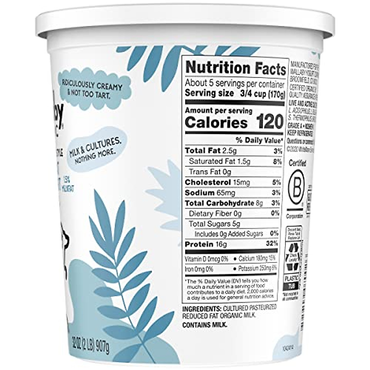 Wallaby Organic Aussie Greek Low Fat Yogurt, Plain, 32 oz. USDA Organic