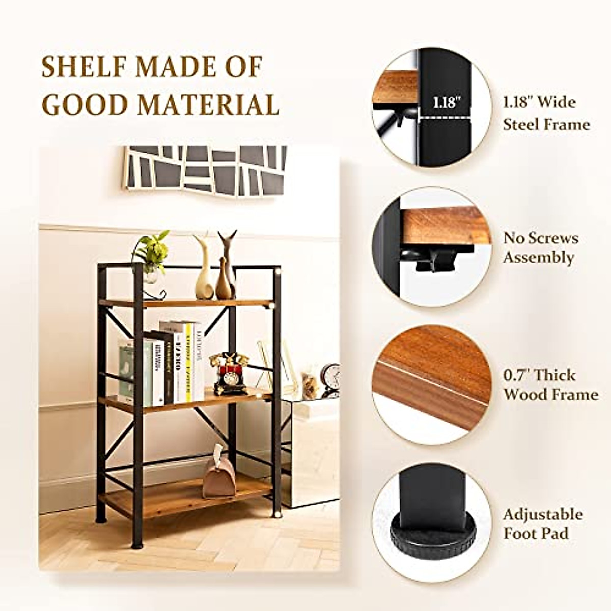 Crofy Rustic Bookshelf, 3 Tier Real Wood Bookshelf, Metal Book Shelf for Storage, Bookcase for Office Organization and Storage, 12.6 D x 23.62 W x 36.61 H Inches, Black