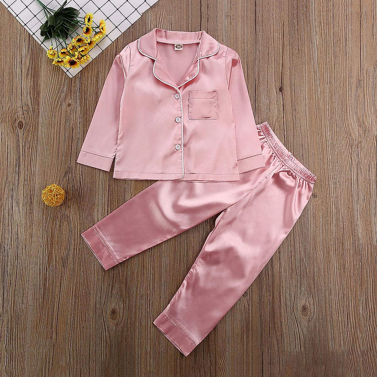 TiendaDeLage Toddler Baby Girl Satin Silk 2 Piece Long Sleve Collared Button Down Shirts and Pants Casual Loungwear Cute Clothes (Long Sleeve Pink,6-12 Months)