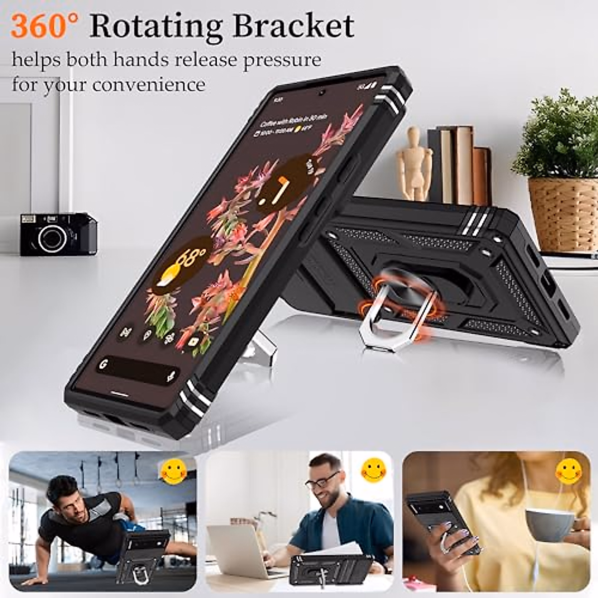 iBaove for Google Pixel 6 Case, Pixel 6 Case with 2 Pcs HD Screen Protector and Slide Camera Cover, Military Protection Shockproof with Ring Kickstand Case for Google Pixel 6, Black