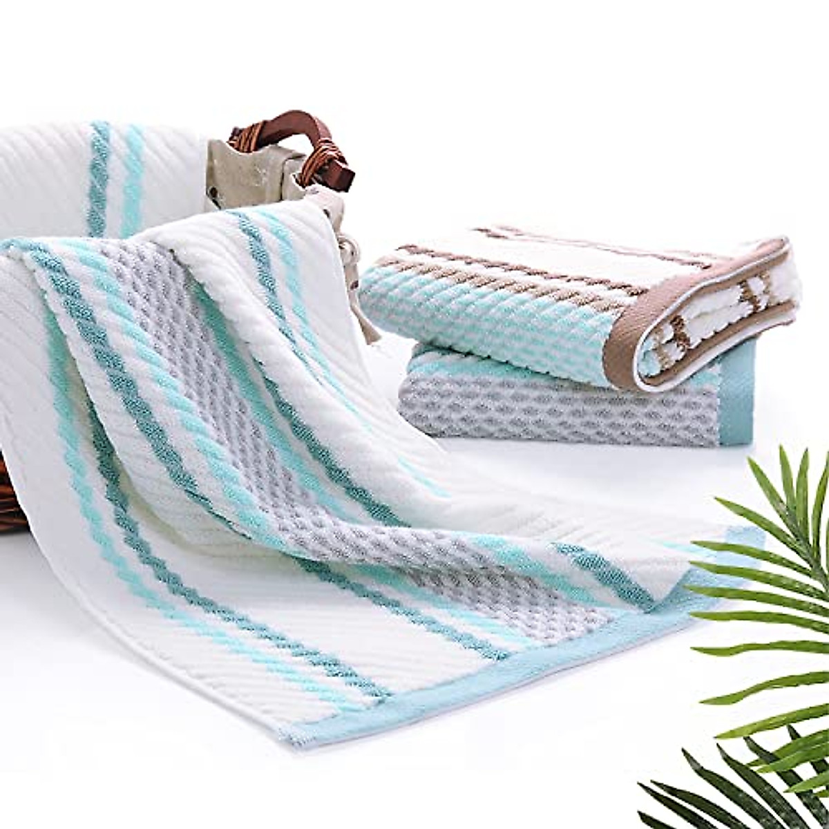 Pidada Hand Towels Set of 2 Striped Pattern 100% Cotton Soft Absorbent Decorative Towel for Bathroom 13.4 x 29.5 Inch (Green)