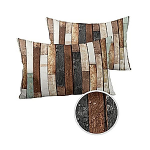 Waterproof Outdoor Throw Pillow Cover Farmhouse Rustic Wood Lumbar Pillowcases Set of 2 Brow Grunge Planks Barn Hardwood Decorative Patio Furniture Pillows for Couch Garden 20 x 12 Inches