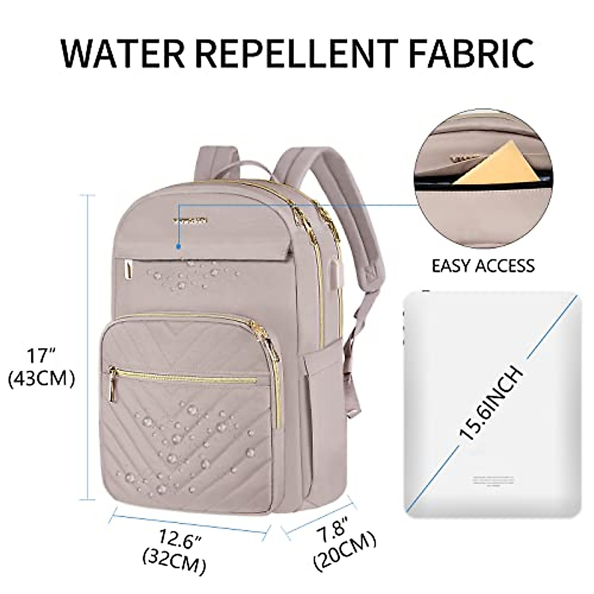 VANKEAN 15.6 Inch Laptop Backpack for Women Work Laptop Bag Fashion with USB Port, Waterproof Backpacks Stylish Travel Bags Casual Daypacks for College, Business, Light Dusty Pink