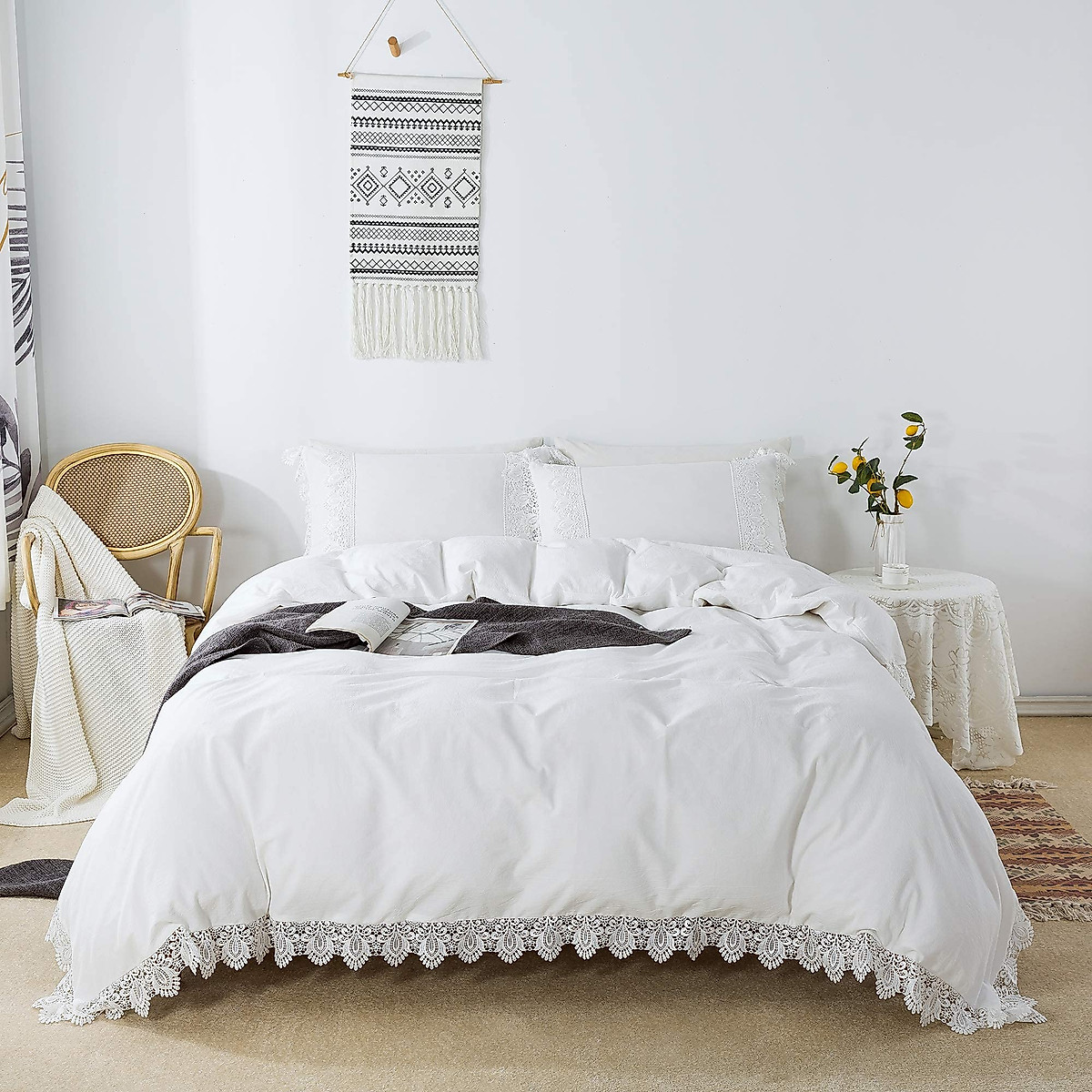 Softta Boho King Size White Lace Bedding Collection Ruffled Vintage 3pc Duvet Cover Set 100% Wahed Cotton Princess Grils Bedding Sets