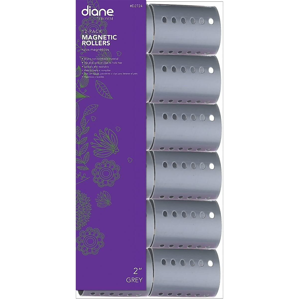Diane Magnetic 2” Hair Rollers 12 Pack for Medium to Long Hair and Curtain Bangs, Use on Wet or Dry Hair, Hair Curlers are Strong and Washable, Pins and Clips Sold Separately