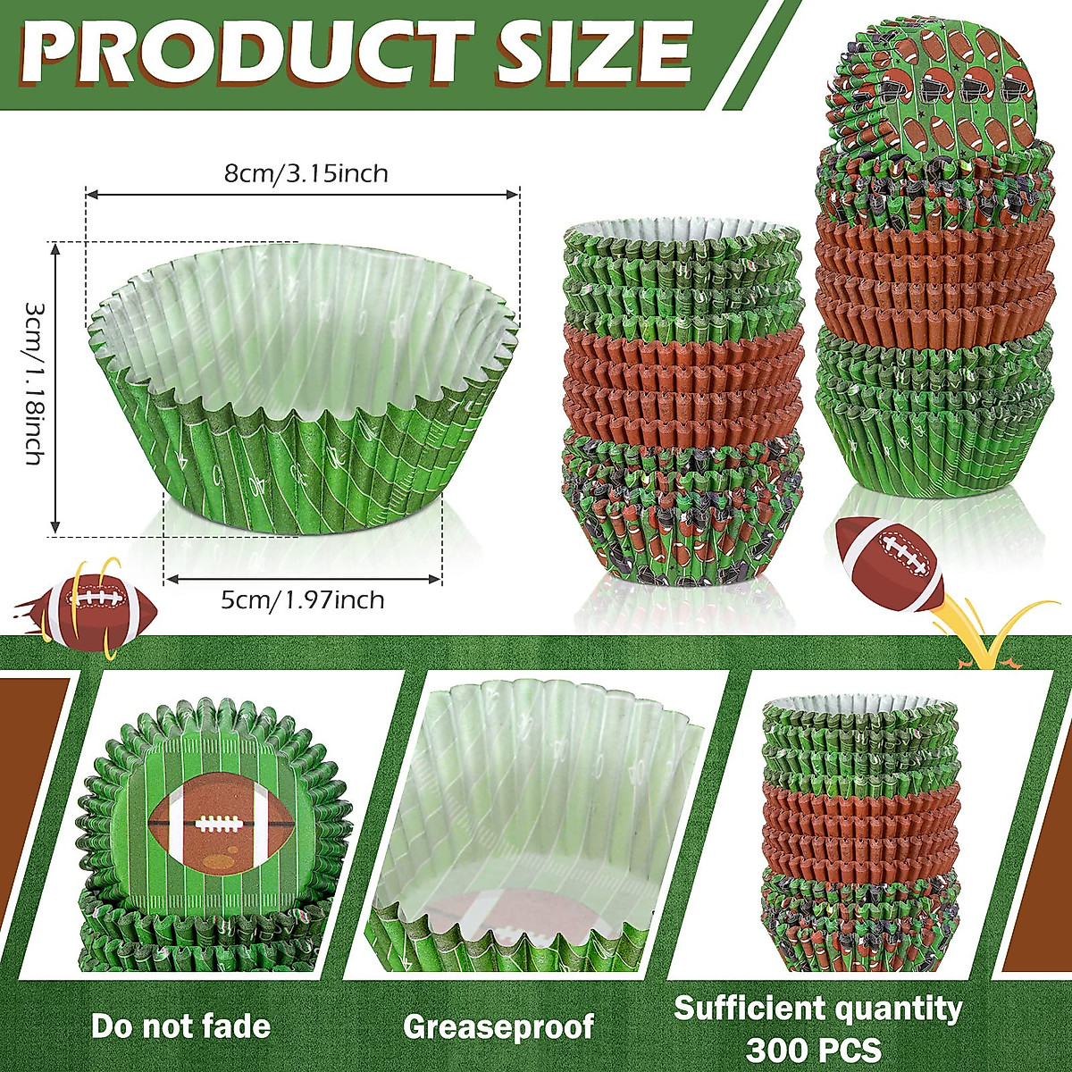 300 Counts Football Cupcake Liners Football Cupcake Wrappers Football Cupcake Decorations Football Baking Cups Sports Theme Muffin Case Trays for Wedding Holiday Party Birthday Decorations