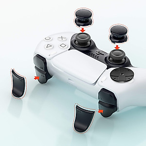 PS5 Controller Accessories Kit, Daugee L2 R2 Trigger Extender+Silicon Analog Stick Thumb Grips+D-pad for Playstation 5 Controller,Anti-Slip Replacement Parts（Black）