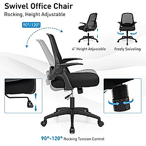 COSTWAY Mesh Office Chair, Adjustable Swivel Executive Chair with Flip-up Armrest, Lumbar Support and Rocking Backrest, Ergonomic Breathable Computer Desk Chair for Home Office (Black)
