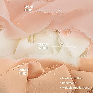 joybest Handmade Chiffon Ribbons for Gift Wrapping, Pink & Cream White Boho Fabric Ribbons for Crafts, Silk Pink Ribbons for Wedding Invitation, Bridal Bouquets, DIY Crafts, Party Decor 1.5’’ x 7Yd