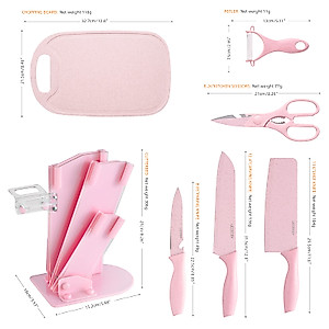 LEISIDY 7 Pieces of Pink Kitchen Knife Set - Non-stick Stainless Steel Kitchen Knives Set with 1 Scissor & 1 Peeler Stand and Chopping Board with Gift Box