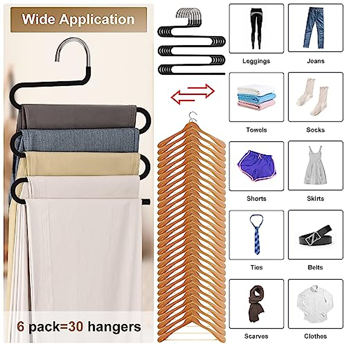 6 Pack Pants Hangers Space Saving, Non-Slip Velvet Pant Hangers S-Shape Stainless Steel Jean Hangers Closet Organizers Clothes Hangers for Pants, Jeans, Trousers, Scarves, Shorts, Black