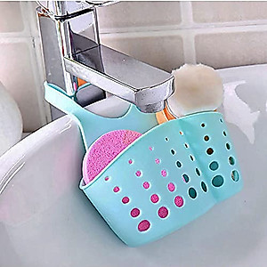 2 Package Kitchen Sink Hanging Sponge Holder, Adjustable-Faucet Holder Faucet Sponge basket, Silicone Soap Holder Hanging Ajustable Strap Faucet Caddy with Drain Holes for Drying (Green and Blue)
