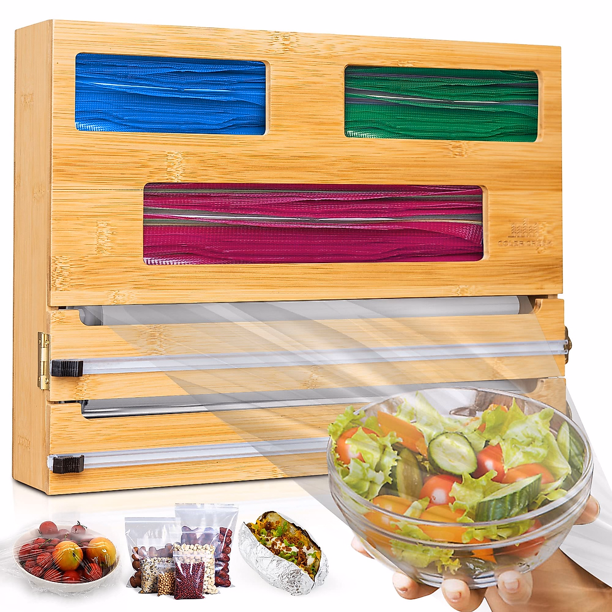 Coler Creek Kitchen Ziplock Bag Organizer | Foil & Plastic Wrap Dispenser | Fits All Size Bags | 2.5 Gallon, 2 Gallon, 1 Gallon, Quart, Sandwich, Snack