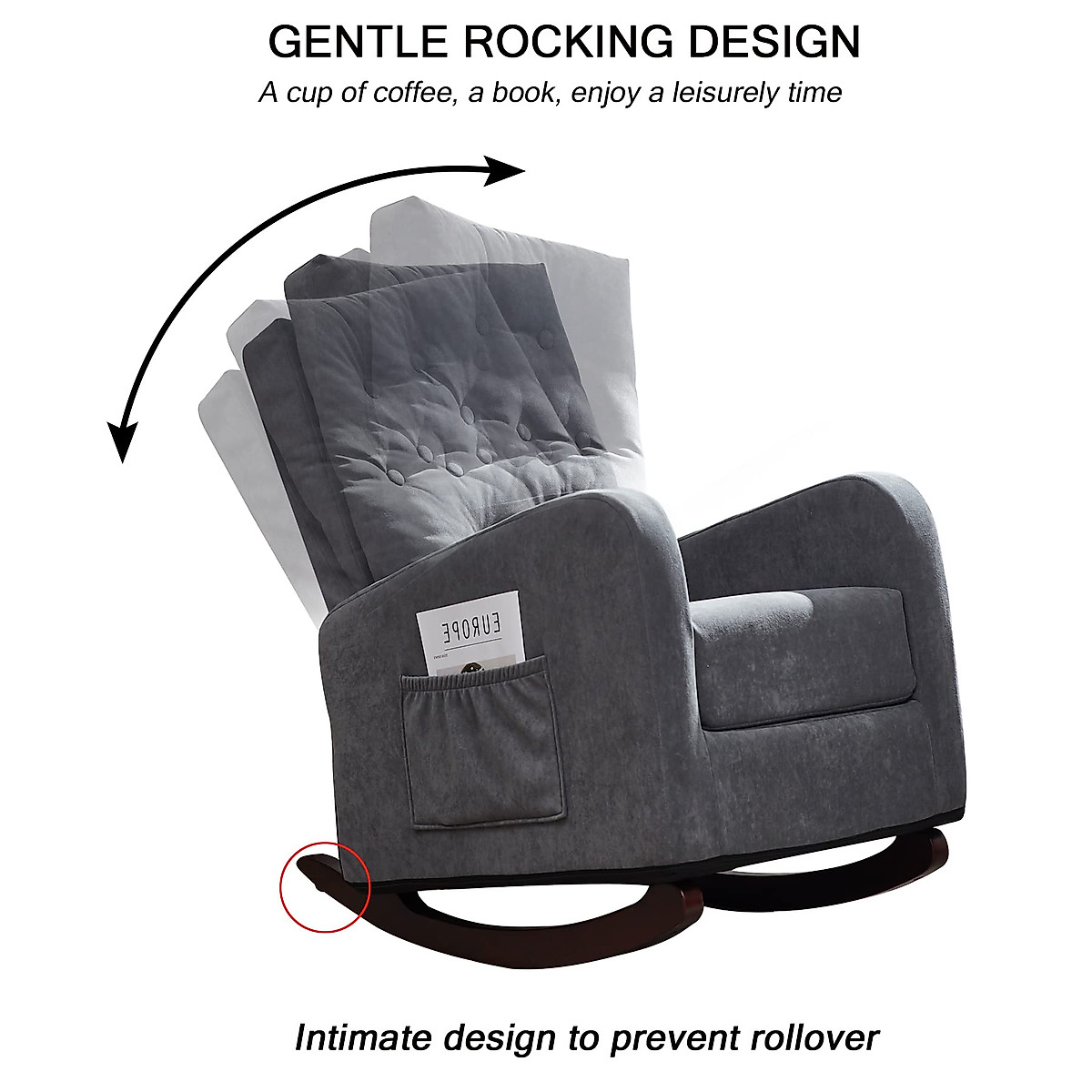 Dolonm Rocking Chair Modern Glider Chair for Baby Nursery Upholstered Velvet Rocker Tufted Button High Back Accent Armchair for Living Room, Bedroom, Office (Antique Gray)