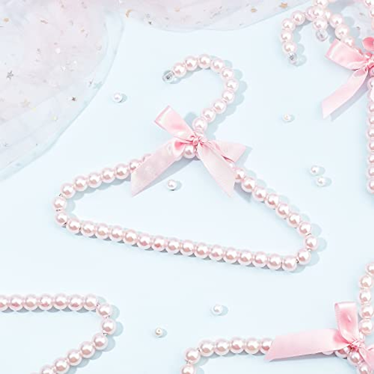 AHANDMAKER 5 Pack Pearl Beads Metal Elegant Clothes Hangers, Small Pet Hanger Plastic Pearl Beaded Clothes Hangers, for Pet Cats and Dogs, Puppet Clothes (Pink)