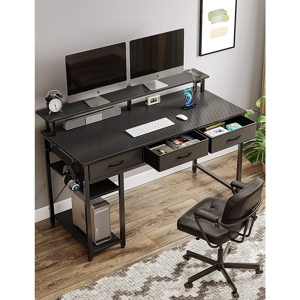 Rolanstar Computer Desk with Power Outlets & LED Light, 39 inch Home Office Desk with 3 Drawers and Storage Shelves, Writing Desk with Monitor Stand, Modern Work Desk for Home Office, Carbon Black