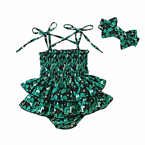 Toddler Baby Girl Summer Clothes Kid Clover Sleeveless Sling Ruffle Layered Dress+Headband St. Patrick's Day 2Pcs Set (Green B, 12-18 Months)