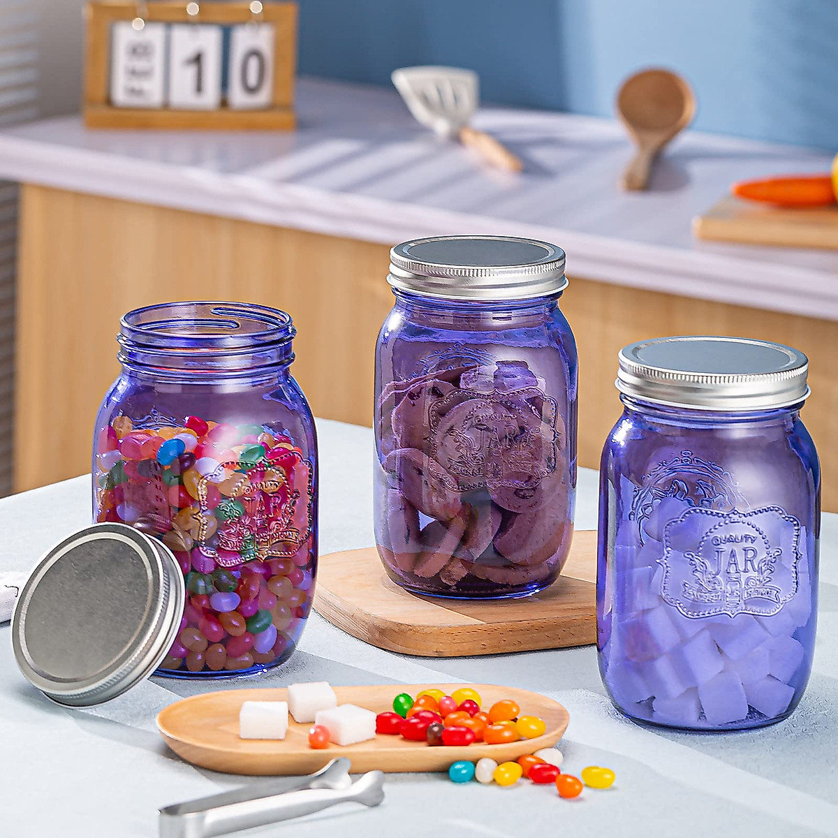 6 Pack Mason Jars, 32 oz Regular-Mouth Glass Storage Jar with Metal Airtight Lids, Modern Design Food Storage Container, Claplant Kitchen Canisters, Food Storage Canister for Canning (BLUE）