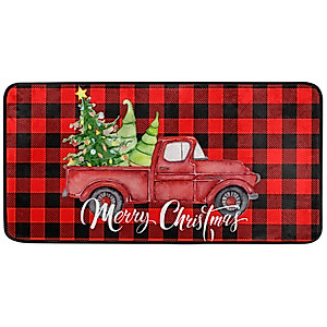 Christmas Tree Red Truck Kitchen Rugs Buffalo Check Plaid Winter Bath Rug Indoor Outdoor Doormat Runner Comfort Mat Non-Slip Carpet for Bathroom 39" X 20"