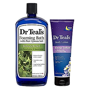 Dr Teal's Foaming Bath and Lotion Mothers Day Gift Set (2 Pack, 42oz Total) - 34oz Relax & Relief Eucalyptus & Spearmint Foaming Bath, 8oz Nighttime Therapy Melatonin Body Lotion - at Home Spa Kit