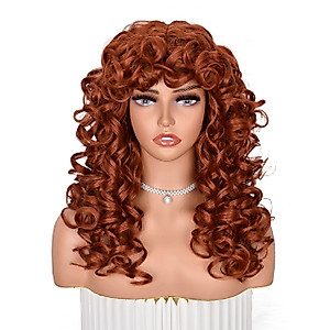 ANNISOUL Copper Curly Wigs for Black Women Long Curly Afro Wig with Bangs for Women Big Bouncy Fluffy Synthetic Fiber Glueless Hair for Cosplay and Daily