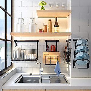 Eastore Life Hanging Knife Holder with 4 Hooks, Knife Block with Cutting Board Holder, Stainless Steel in Black Finish, Hanging Rod Included, Easy to Install