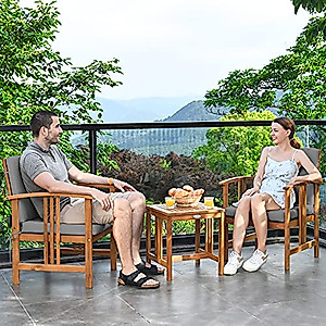 Tangkula 3 Pieces Patio Furniture Set, Includes Set of 2 Outdoor Acacia Wood Cushioned Chairs and Coffee Table, for Garden, Backyard, Poolside, Bistro and Deck, Patio Conversation Chat Set (Gray)