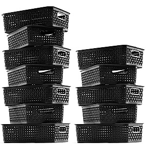 [ 12 Pack ] Plastic Storage Baskets - Small Pantry Organization and Storage Bins - Household Organizers for Laundry Room, Bathrooms, Kitchens, Cabinets, Countertop, Under Sink or On Shelves - Black