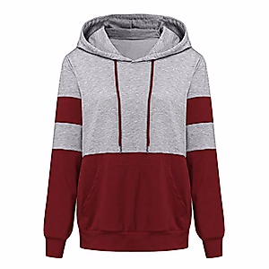 FraftO Womens Hoodie Top Spell Color Stripes Large Size Long Sleeve Sweatshirt Drawstring Pocket Simple Pullover Wine