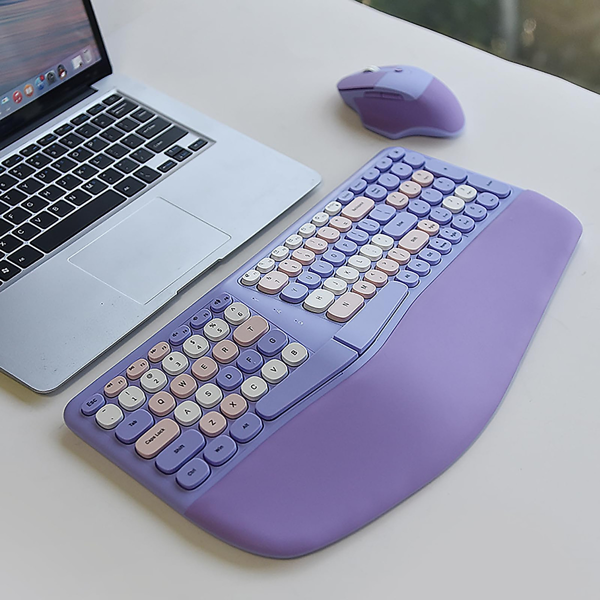 Wireless Ergonomic Keyboard and Mouse Combo with PU Wrist Rest, Carpal Tunnel Keyboard, 2.4G Colorful Split Ergo Keyboard, Comfortable Natural Typing, Compatible with PC/Laptop (Purple)