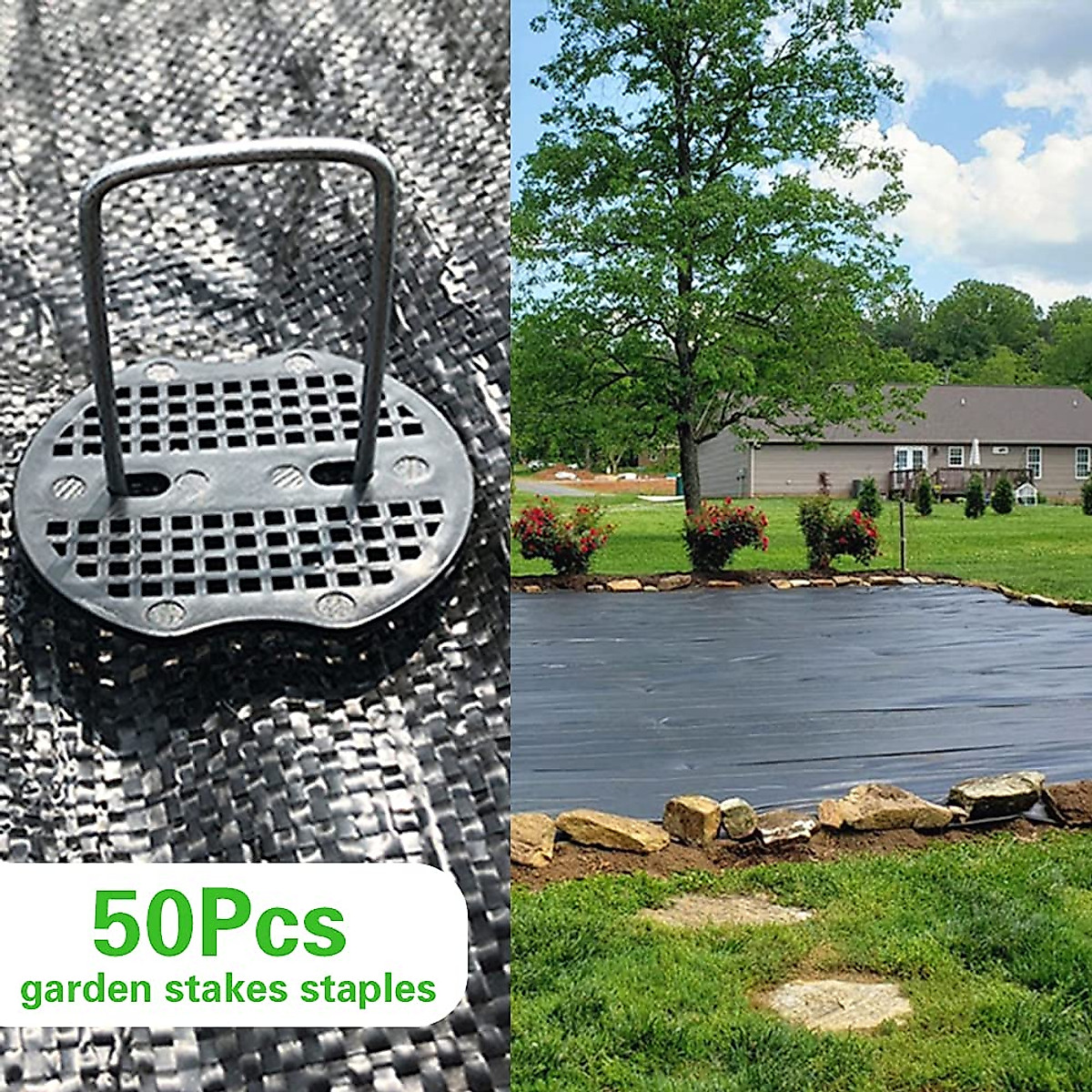 50Pcs Garden Stakes Staples + 50Pcs Gasket, Bakulyor 6 Inch Lawn Landscape Staples 11 Gauge U Shaped Galvanized Landscape Pins, Heavy Duty Yard Ground Pin for Weed Barrier Sod Fabric Decorations - 6"