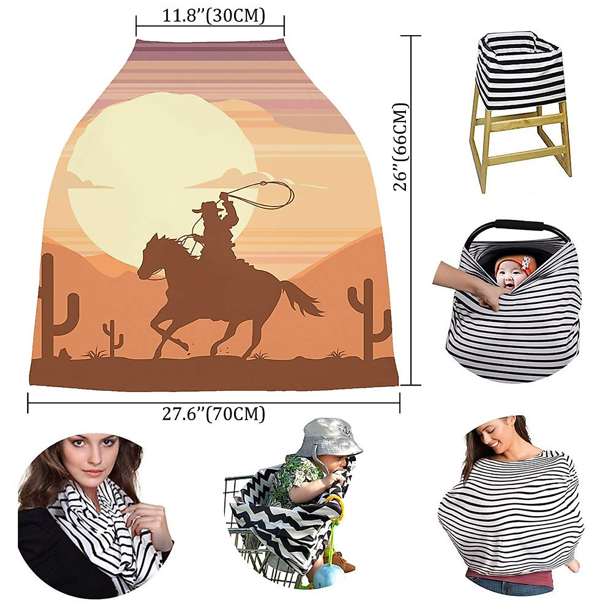 Western Landscape Baby Car Seat Cover, Multi-Use Nursing Cover for Boys, Girls, Infants, Snug Warm Stroller Covers for Babies, Doodles Horseman in The Sunset Cactus