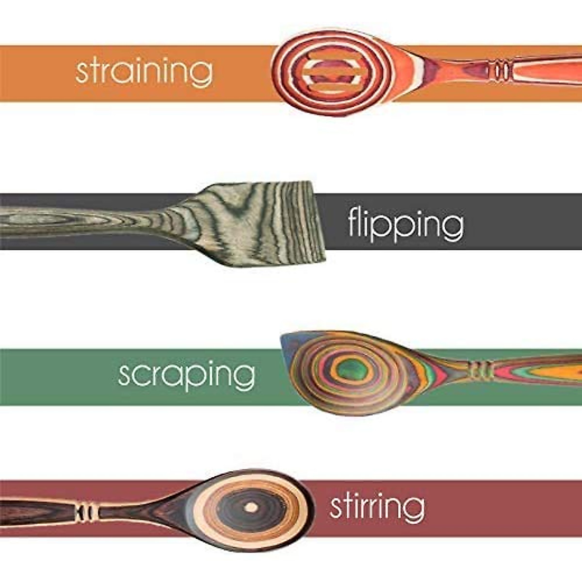 Exotic Pakkawood 7-Piece Kitchen Utensil Set with Spoon, Slotted Spoon, Spatula, Corner Spoon, Small Spoon, Small Spatula/Turner, Spreader - Earth Friendly Material - by Crate Collective (Rainbow)