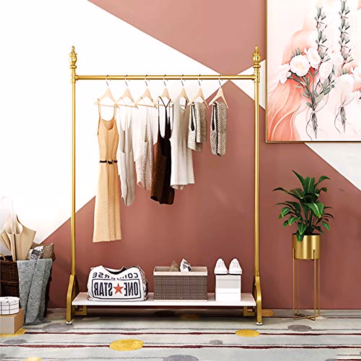 FONECHIN Clothing Display Rack Garment Rack with Bottom Shelf Heavy Duty Clothes Rack Retail Hanging Rack Closet Organizer for Boutique Gold 47"