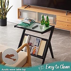 viewcare Black Side Table, Bamboo Wood Small Side Tables for Living Room & Bedroom, Sofa Table with Acrylic Wavy Panel for Small Spaces, Night Stand Table for Bedroom