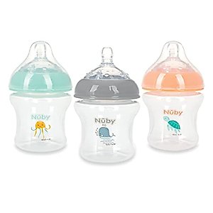 Nuby 3-Pack Infant Feeding Bottles with Slow Flow Breast Size Silicone Nipple: 0+ Months, 6oz, 3 Pack Set: Delicate Whale, Jellyfish, Turtle Prints