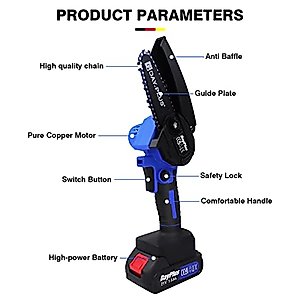 Electric Chainsaw Cordless with 2 Chains, Mini Chainsaw 4 Inch Cordless for Wood Cutting Tree Pruning, Handheld Small Power Chain Saws Garden Tool with Automatic Locking, Battery & Charger Included