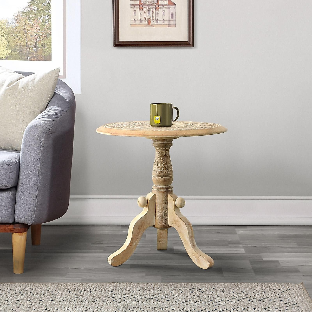 Homxi End Table 18" L x 18" W x 18" H,Intricately Carved Round Top Mango Wood Side End Table with Pedestal Base, Brown and White End Table for Living Room