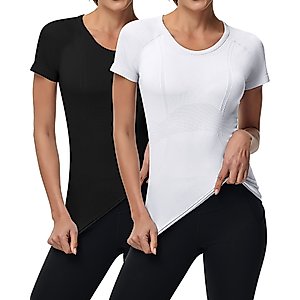 2 Pieces Women Long Sleeve Workout Shirt Seamless Workout Shirts with Thumb Holes Fitted Top Sports Yoga Athletic Shirt Top (Short Sleeve White, Black, X-Small)