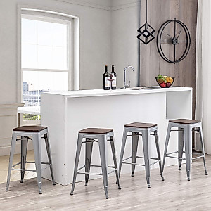 Alunaune 24" Metal Counter Height Bar Stools Set of 4 Industrial Backless Kitchen Patio Counter Stool Stackable Barstools Wood Top- 24inch, Silver